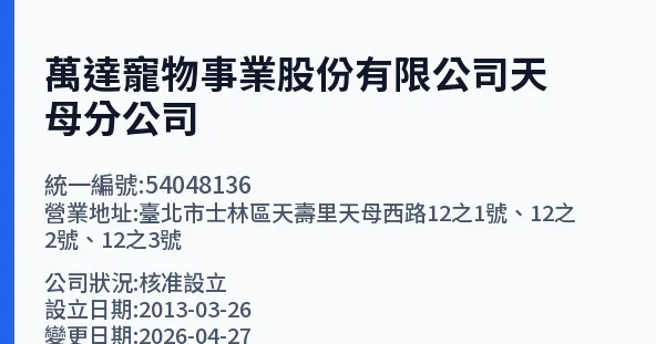 萬達寵物事業股份有限公司天母分公司的照片-統編 54048136(臺北市) 公司登記資料與營業項目詳細圖表