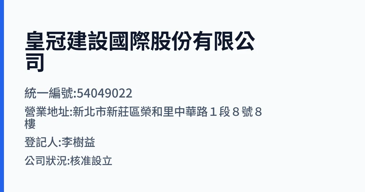 皇冠建設國際股份有限公司 - 統編 54049022(新北市) 公司登記資料與營業項目詳細圖表