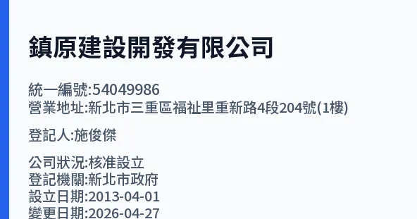 鎮原建設開發有限公司的照片-統編 54049986(新北市) 公司登記資料與營業項目詳細圖表