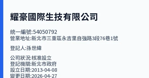 耀豪國際生技有限公司的照片-統編 54050792(新北市) 公司登記資料與營業項目詳細圖表