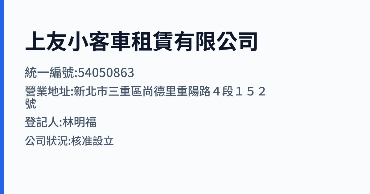 上友小客車租賃有限公司 - 統編 54050863(新北市) 公司登記資料與營業項目詳細圖表