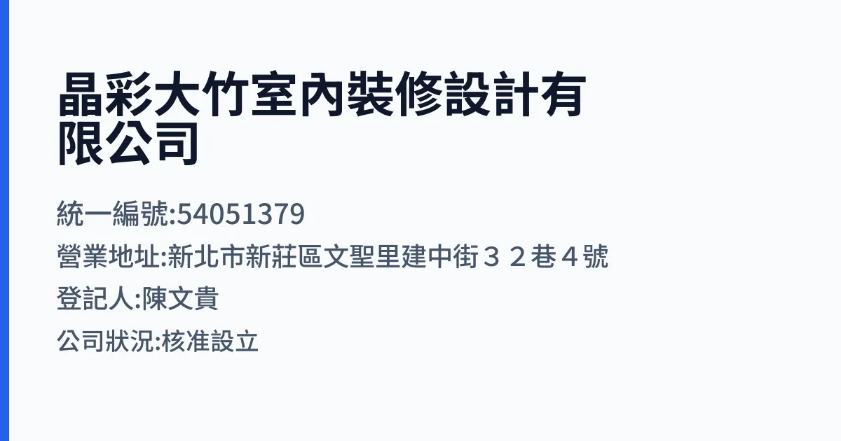 晶彩大竹室內裝修設計有限公司 - 統編 54051379(新北市) 公司登記資料與營業項目詳細圖表