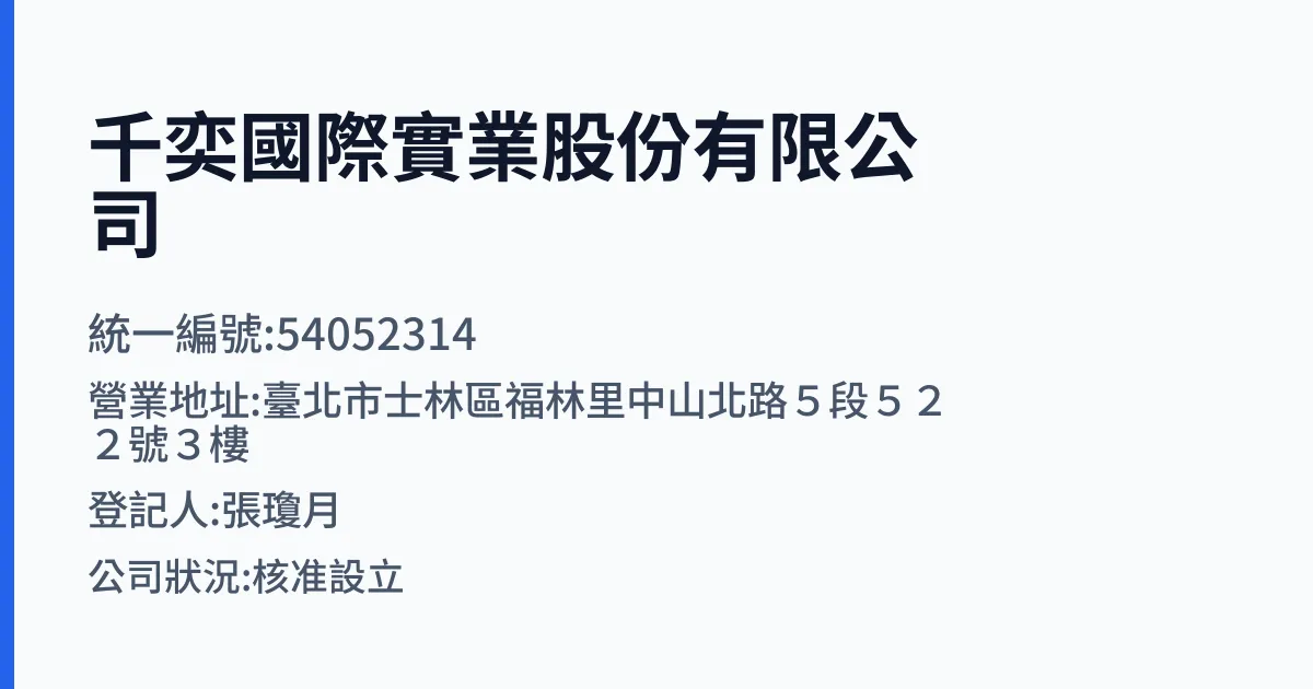 千奕國際實業股份有限公司 - 統編 54052314(臺北市) 公司登記資料與營業項目詳細圖表