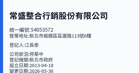 常盛整合行銷股份有限公司的照片-統編 54053572(新北市) 公司登記資料與營業項目詳細圖表