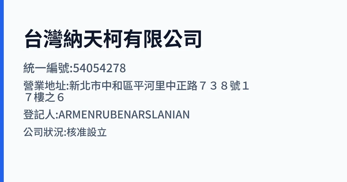 台灣納天柯有限公司 - 統編 54054278(新北市) 公司登記資料與營業項目詳細圖表