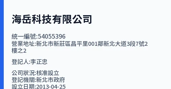 海岳科技有限公司的照片-統編 54055396(新北市) 公司登記資料與營業項目詳細圖表
