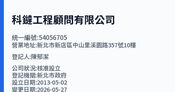 科鐽工程顧問有限公司的照片-統編 54056705(新北市) 公司登記資料與營業項目詳細圖表