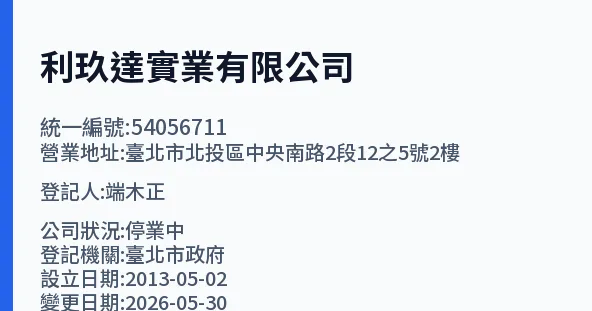 利玖達實業有限公司的照片-統編 54056711(臺北市) 公司登記資料與營業項目詳細圖表