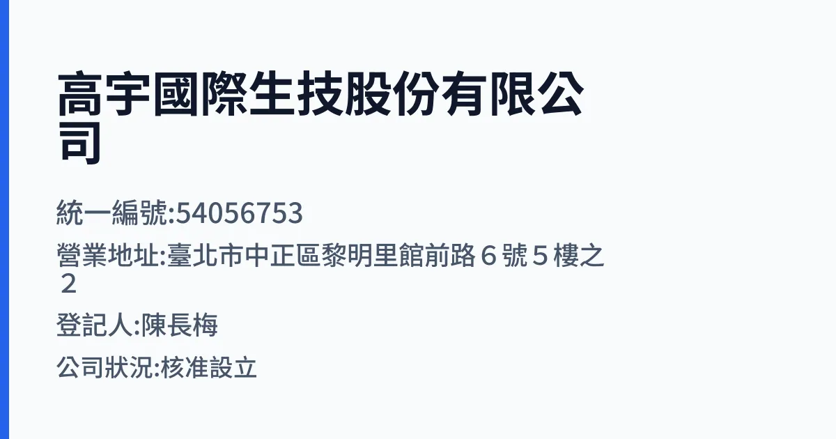 高宇國際生技股份有限公司 - 統編 54056753(臺北市) 公司登記資料與營業項目詳細圖表
