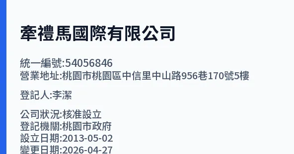 牽禮馬國際有限公司的照片-統編 54056846(桃園市) 公司登記資料與營業項目詳細圖表