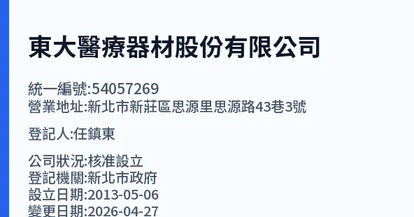 東大醫療器材股份有限公司的照片-統編 54057269(新北市) 公司登記資料與營業項目詳細圖表