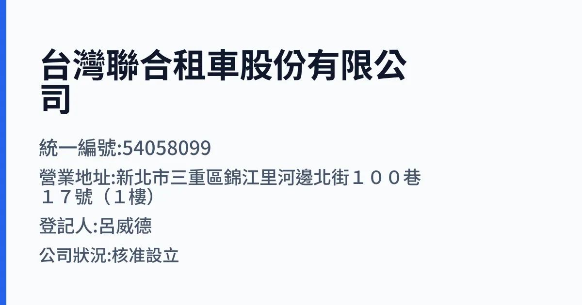 台灣聯合租車股份有限公司 - 統編 54058099(新北市) 公司登記資料與營業項目詳細圖表
