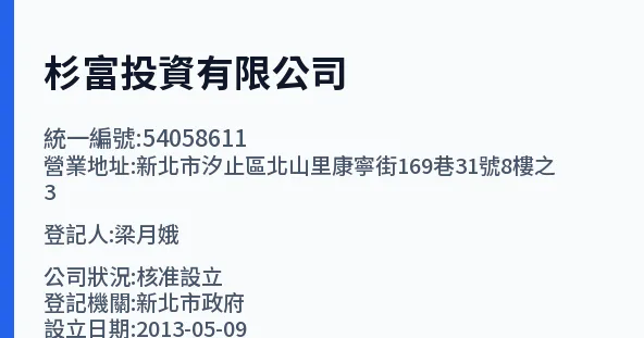 杉富投資有限公司的照片-統編 54058611(新北市) 公司登記資料與營業項目詳細圖表
