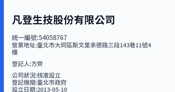 凡登生技股份有限公司的照片-統編 54058767(臺北市) 公司登記資料與營業項目詳細圖表