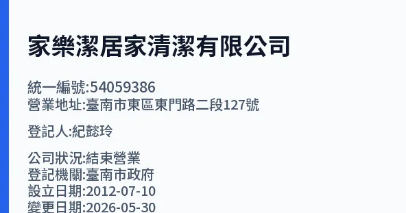 家樂潔居家清潔有限公司的照片-統編 54059386(臺南市) 公司登記資料與營業項目詳細圖表