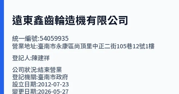 遠東鑫齒輪造機有限公司的照片-統編 54059935(臺南市) 公司登記資料與營業項目詳細圖表