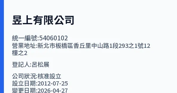 昱上有限公司的照片-統編 54060102(新北市) 公司登記資料與營業項目詳細圖表