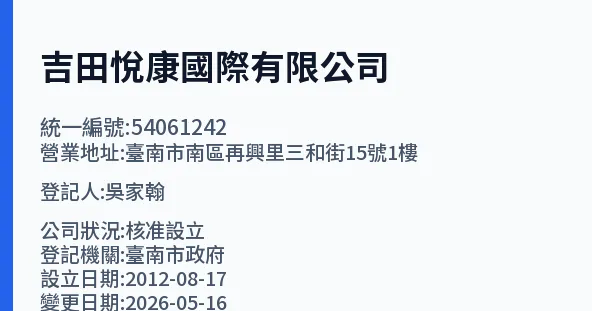 吉田悅康國際有限公司的照片-統編 54061242(臺南市) 公司登記資料與營業項目詳細圖表