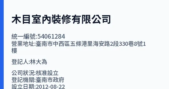 木目室內裝修有限公司的照片-統編 54061284(臺南市) 公司登記資料與營業項目詳細圖表