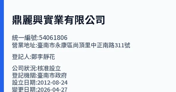 鼎麗興實業有限公司的照片-統編 54061806(臺南市) 公司登記資料與營業項目詳細圖表