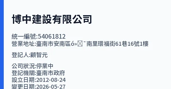 博中建設有限公司的照片-統編 54061812(臺南市) 公司登記資料與營業項目詳細圖表