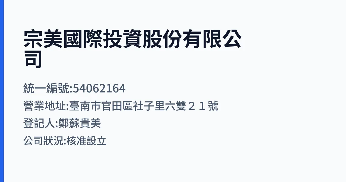 宗美國際投資股份有限公司 - 統編 54062164（臺南市） 公司登記資料與營業項目詳細圖表