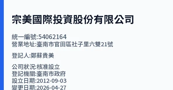 宗美國際投資股份有限公司的照片-統編 54062164(臺南市) 公司登記資料與營業項目詳細圖表