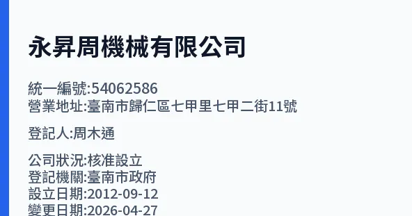 永昇周機械有限公司的照片-統編 54062586(臺南市) 公司登記資料與營業項目詳細圖表