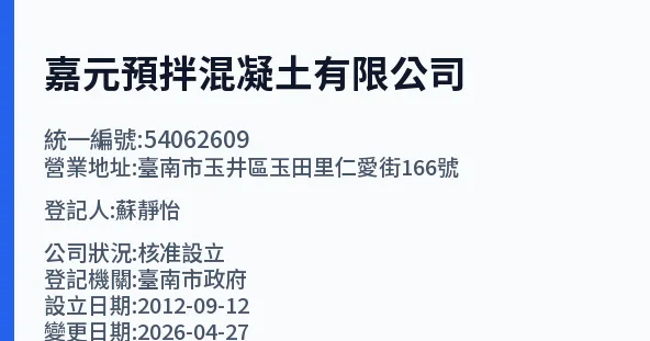 嘉元預拌混凝土有限公司的照片-統編 54062609(臺南市) 公司登記資料與營業項目詳細圖表