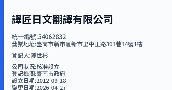 譯匠日文翻譯有限公司的照片-統編 54062832(臺南市) 公司登記資料與營業項目詳細圖表