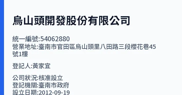 烏山頭開發股份有限公司的照片-統編 54062880(臺南市) 公司登記資料與營業項目詳細圖表