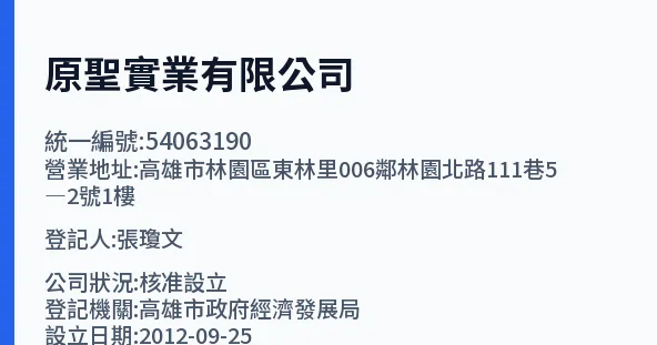 原聖實業有限公司的照片-統編 54063190(高雄市) 公司登記資料與營業項目詳細圖表