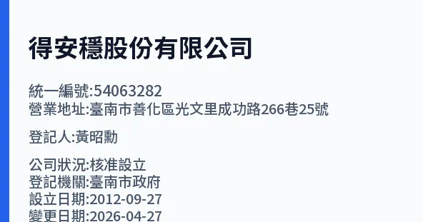 得安穩股份有限公司的照片-統編 54063282(臺南市) 公司登記資料與營業項目詳細圖表