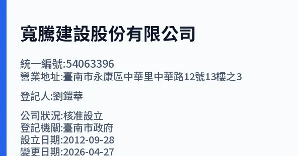 寬騰建設股份有限公司的照片-統編 54063396(臺南市) 公司登記資料與營業項目詳細圖表