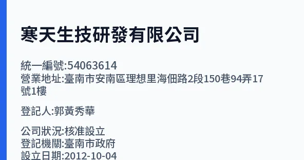 寒天生技研發有限公司的照片-統編 54063614(臺南市) 公司登記資料與營業項目詳細圖表