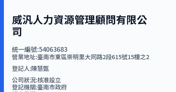 威汎人力資源管理顧問有限公司的照片-統編 54063683(臺南市) 公司登記資料與營業項目詳細圖表