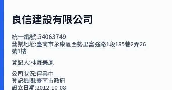 良信建設有限公司的照片-統編 54063749(臺南市) 公司登記資料與營業項目詳細圖表
