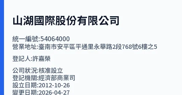 山湖國際股份有限公司的照片-統編 54064000(臺南市) 公司登記資料與營業項目詳細圖表