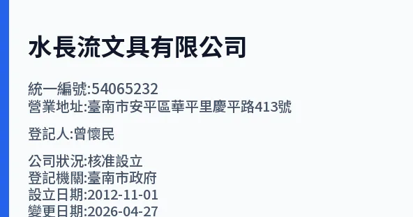 水長流文具有限公司的照片-統編 54065232(臺南市) 公司登記資料與營業項目詳細圖表