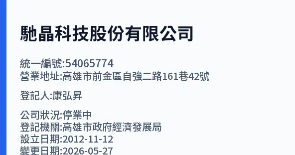 馳晶科技股份有限公司的照片-統編 54065774(高雄市) 公司登記資料與營業項目詳細圖表