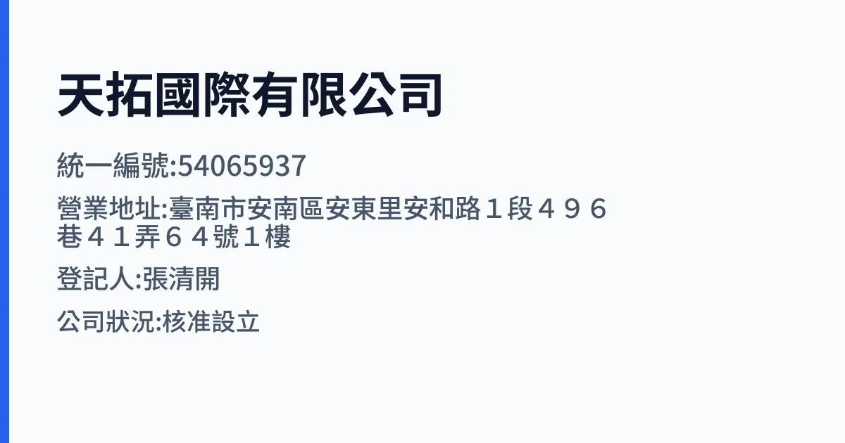 天拓國際有限公司 - 統編 54065937(臺南市) 公司登記資料與營業項目詳細圖表