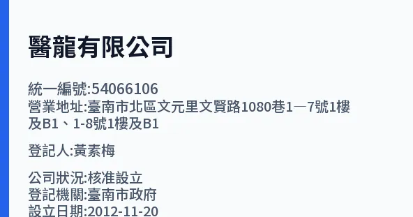 醫龍有限公司的照片-統編 54066106(臺南市) 公司登記資料與營業項目詳細圖表