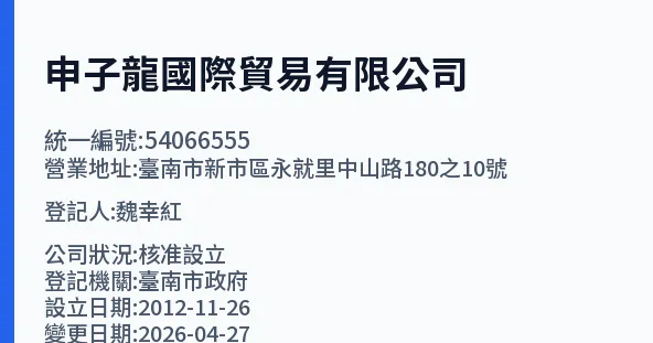 申子龍國際貿易有限公司的照片-統編 54066555(臺南市) 公司登記資料與營業項目詳細圖表