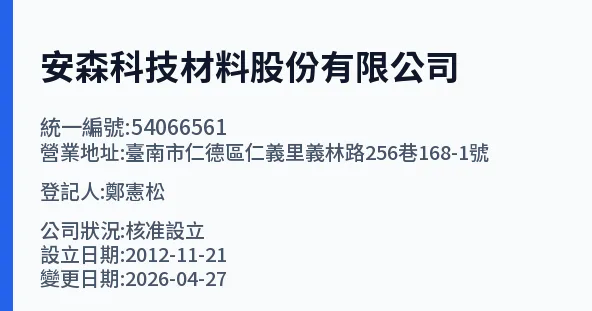 安森科技材料股份有限公司的照片-統編 54066561(臺南市) 公司登記資料與營業項目詳細圖表