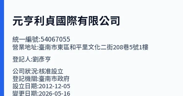 元亨利貞國際有限公司的照片-統編 54067055(臺南市) 公司登記資料與營業項目詳細圖表