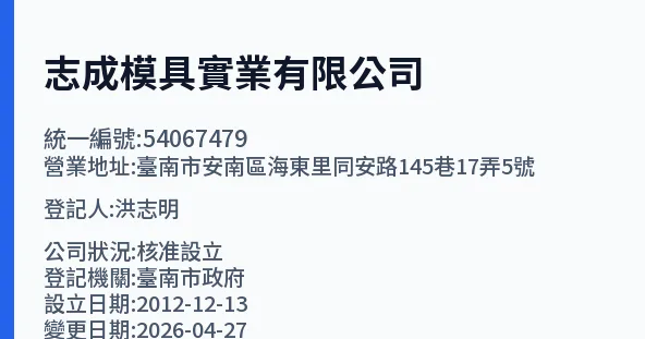 志成模具實業有限公司的照片-統編 54067479(臺南市) 公司登記資料與營業項目詳細圖表