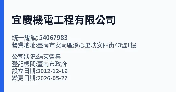 宜慶機電工程有限公司的照片-統編 54067983(臺南市) 公司登記資料與營業項目詳細圖表
