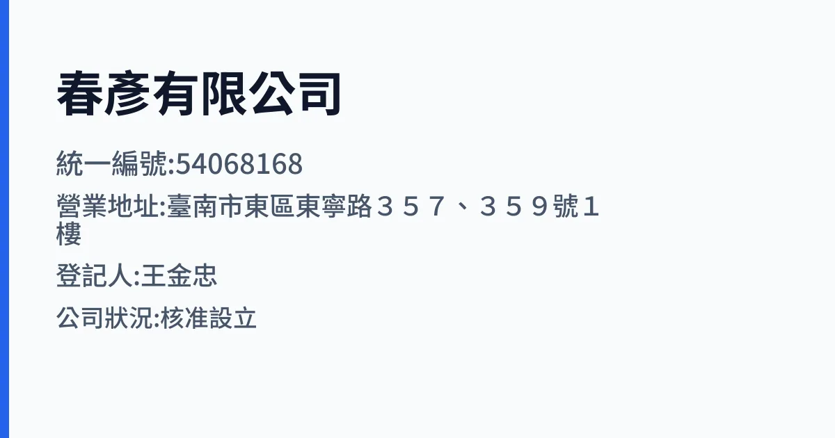 春彥有限公司 - 統編 54068168(臺南市) 公司登記資料與營業項目詳細圖表