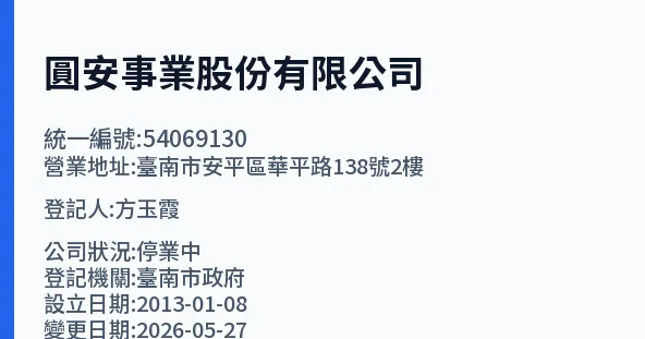 圓安事業股份有限公司的照片-統編 54069130(臺南市) 公司登記資料與營業項目詳細圖表