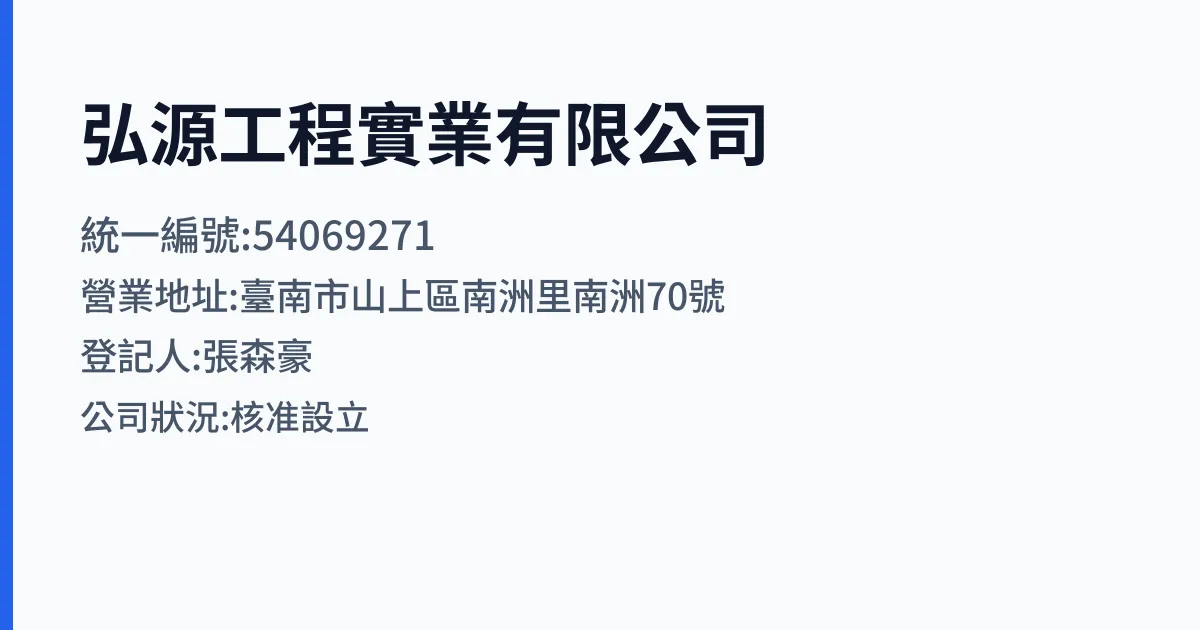 弘源工程實業有限公司 - 統編 54069271(臺南市) 公司登記資料與營業項目詳細圖表